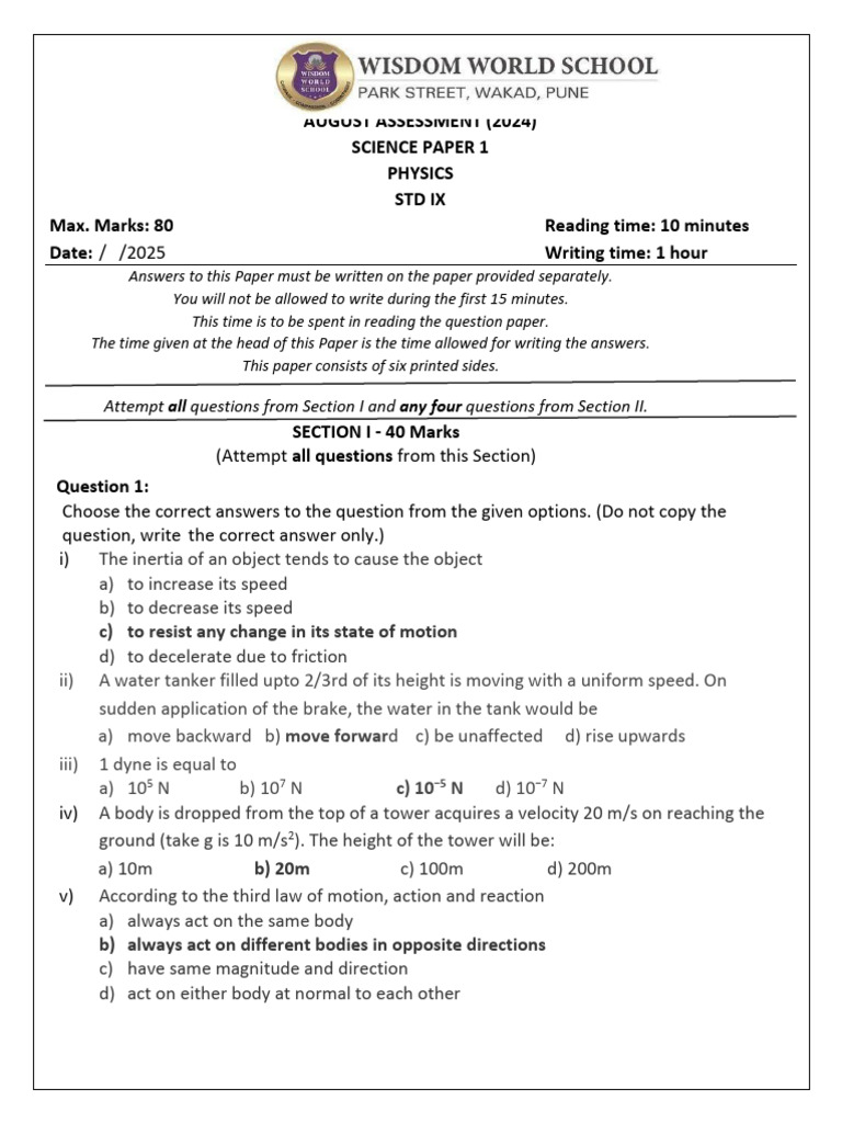 Class 9 Physics Paper Wws Icse | PDF | Weight | Gravity