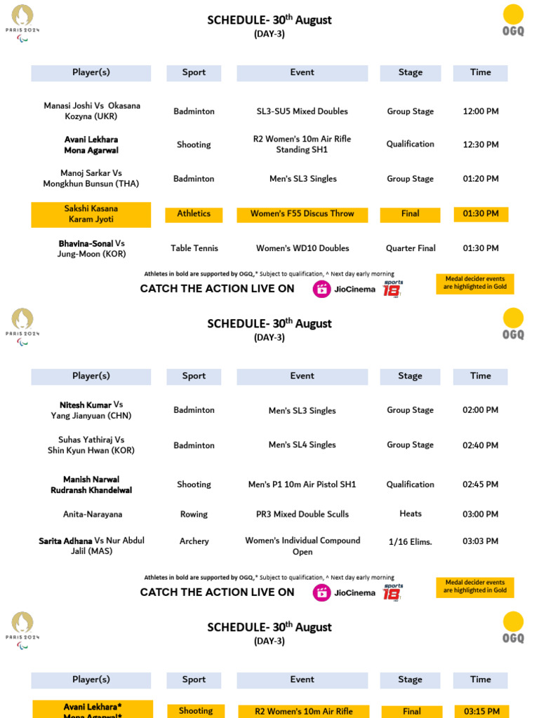 Paris Paralympics Day 3 (30th August) Schedule | PDF | Sports