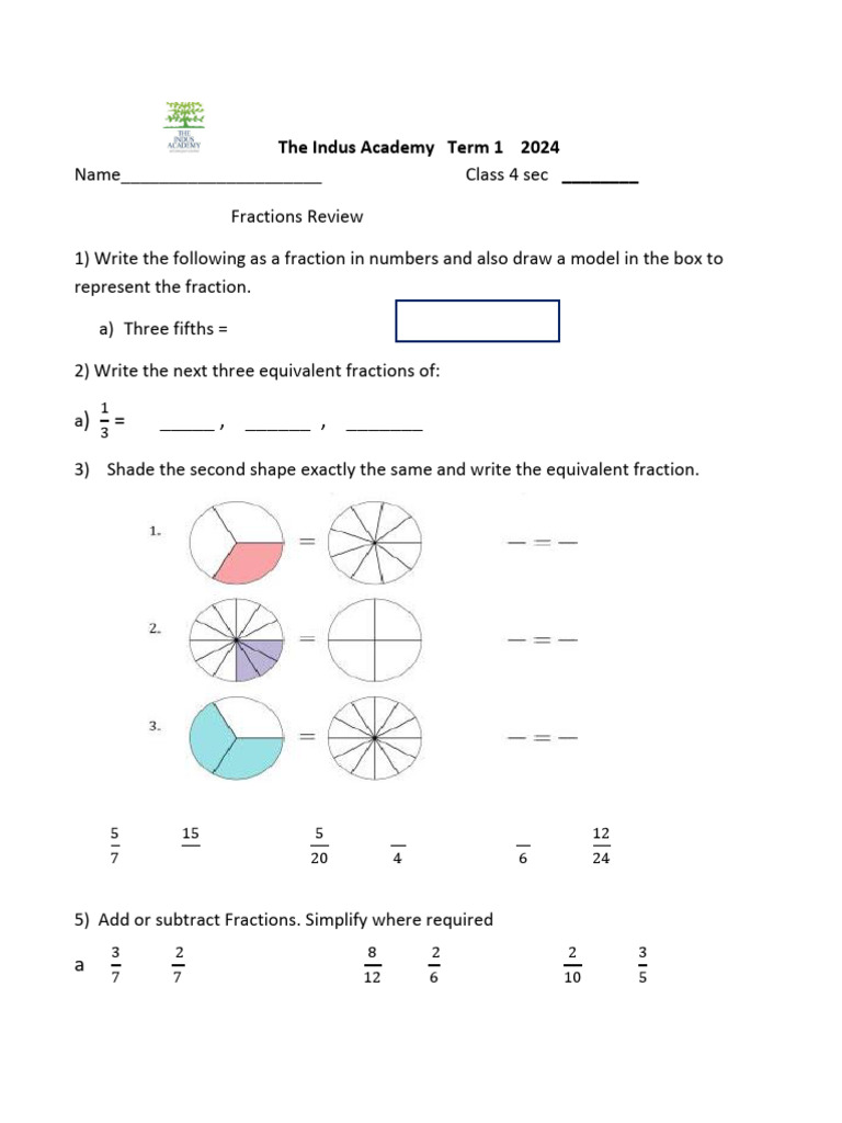 Fractions Review for Class 4 | PDF