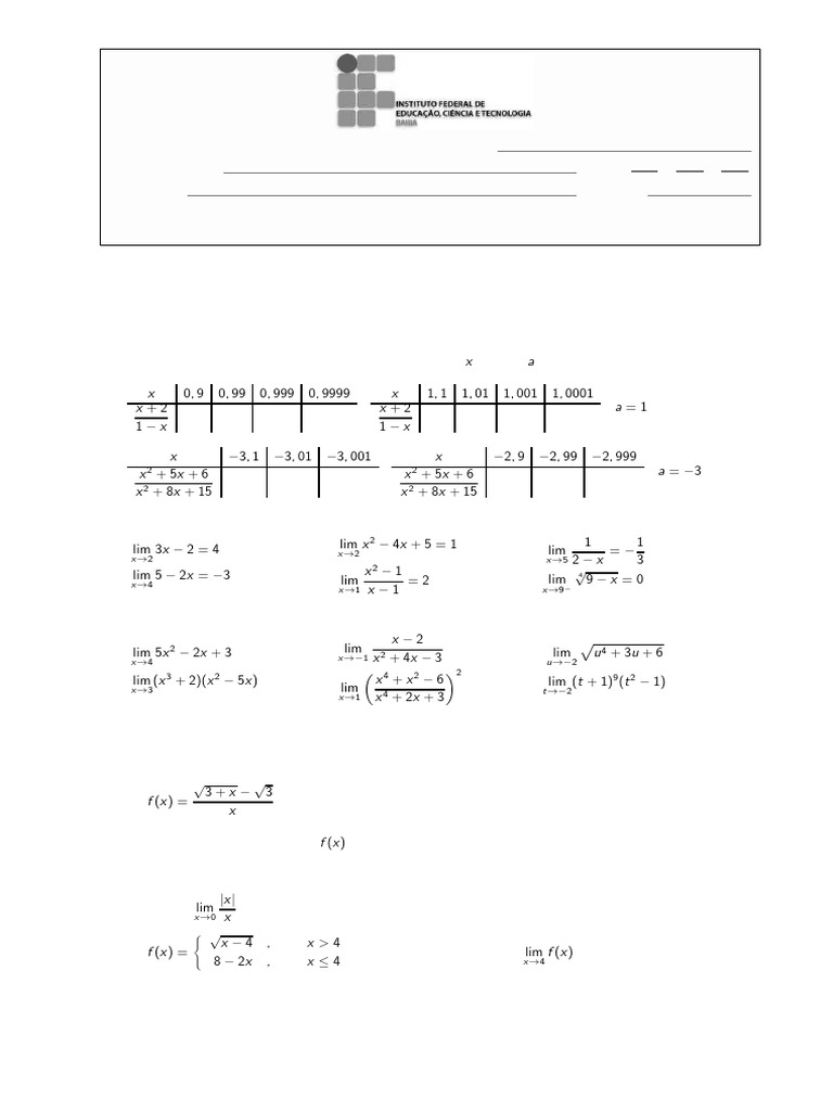 Limites e Propriedades em Cálculo I | PDF | Limite (Matemática ...