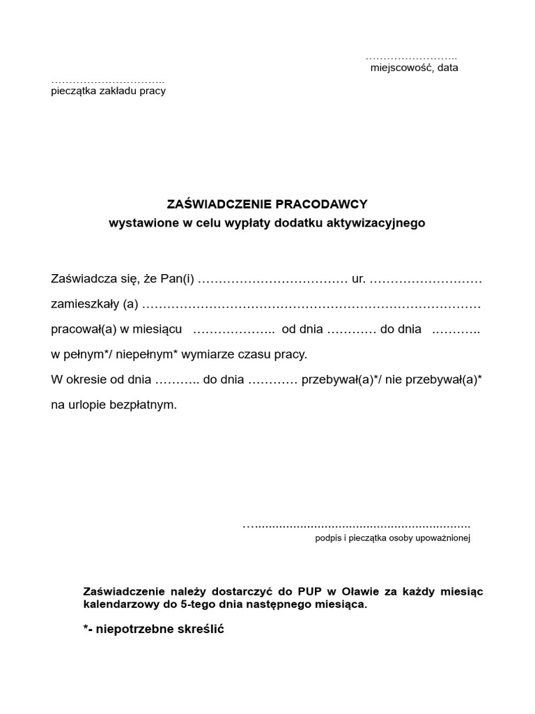 Zaświadczenie Od Pracodawcy Wystawione W Celu Wypłaty Dodatku Aktywizacyjnego (Wzór) | PDF