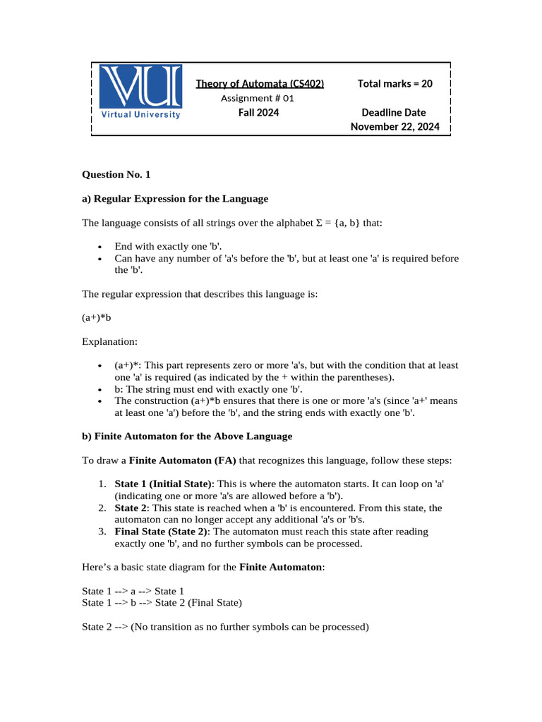 Fall 2024 - CS402 - 1 - Assignment | PDF | Automata Theory | Metalogic