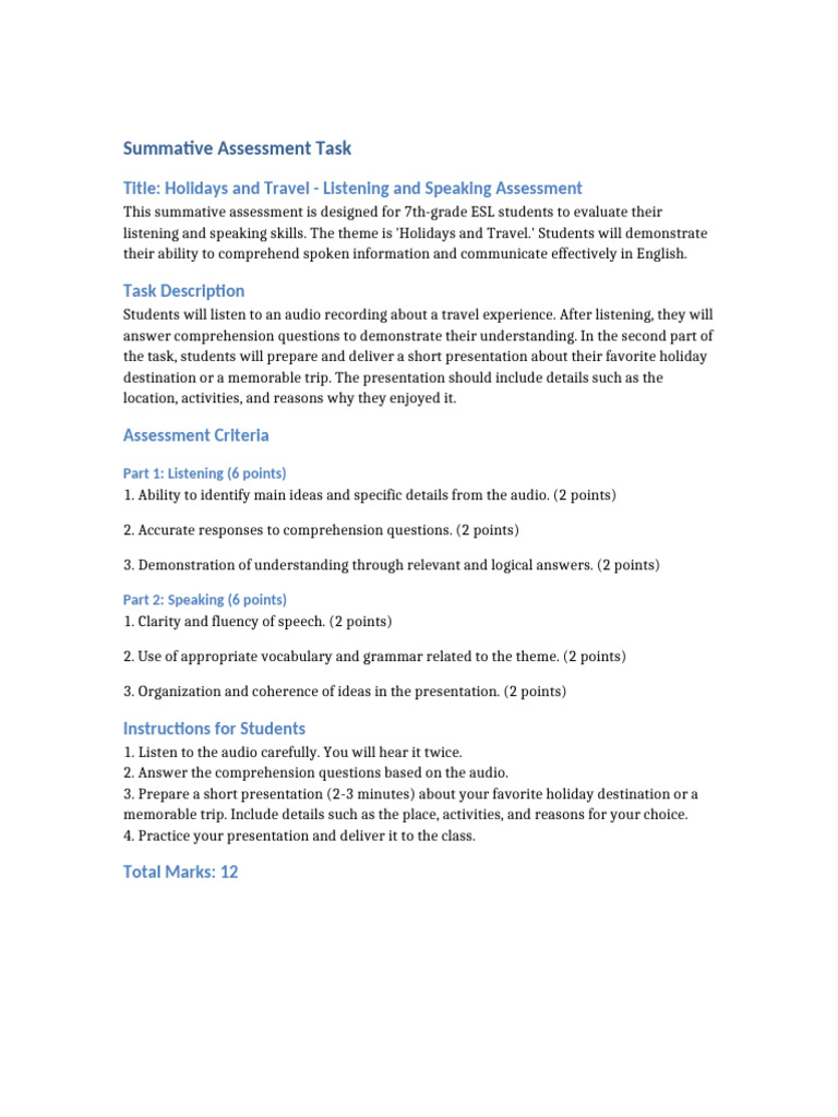 Holidays and Travel Assessment | PDF
