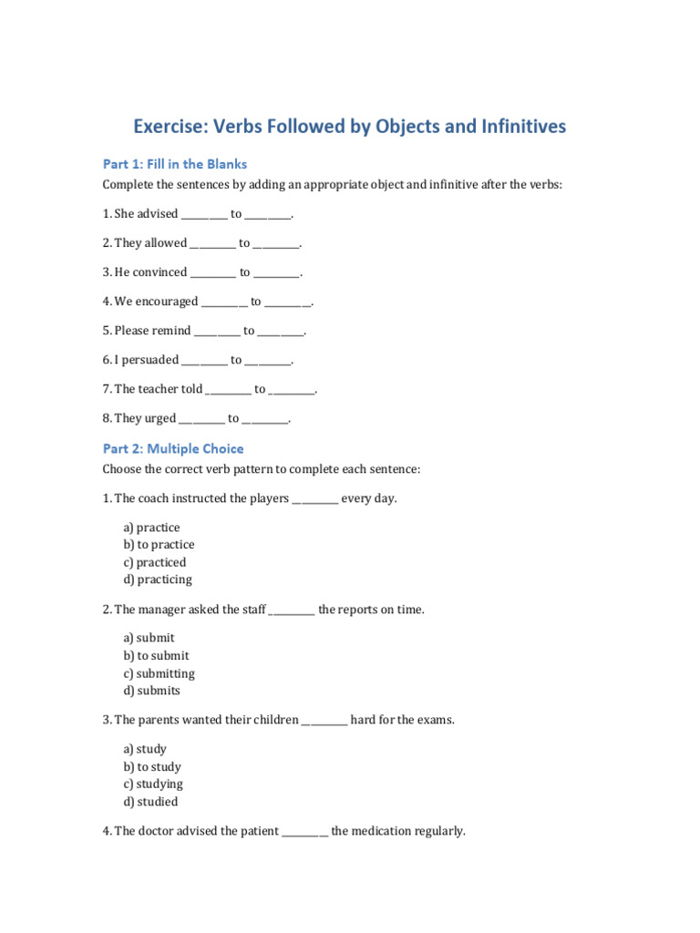 Verbs Followed by Objects and Infinitives Exercise | PDF