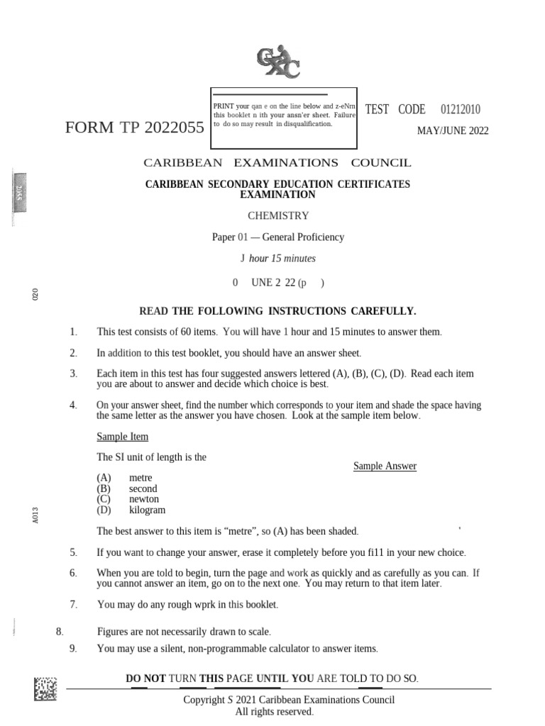 Csec Chemistry Paper 1 June 2022 | PDF | Acid | Oxide