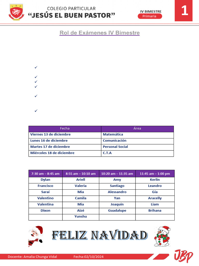 Rol de Examenes III Bimestre Jbp (1) | PDF