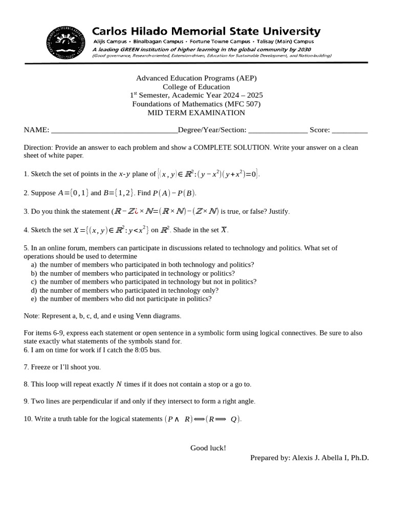 Midterm Exam Foundations in Math 1st Sem 2024 2025 | PDF