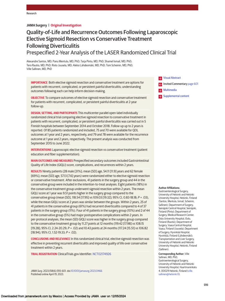 Laparoscopic Elective Sigmoid Resection Vs Conservative Treatment Following Diverticulitis Pdf
