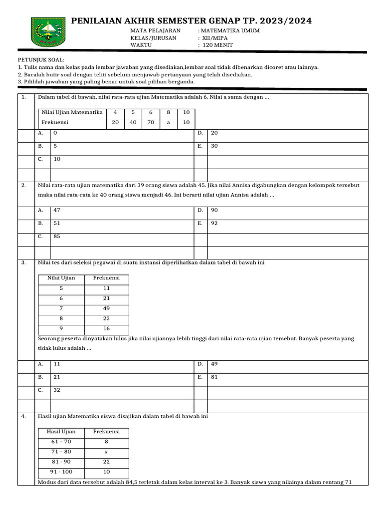 Format Soal Semester GENAP TP. 2023-2024 - Nupus | PDF