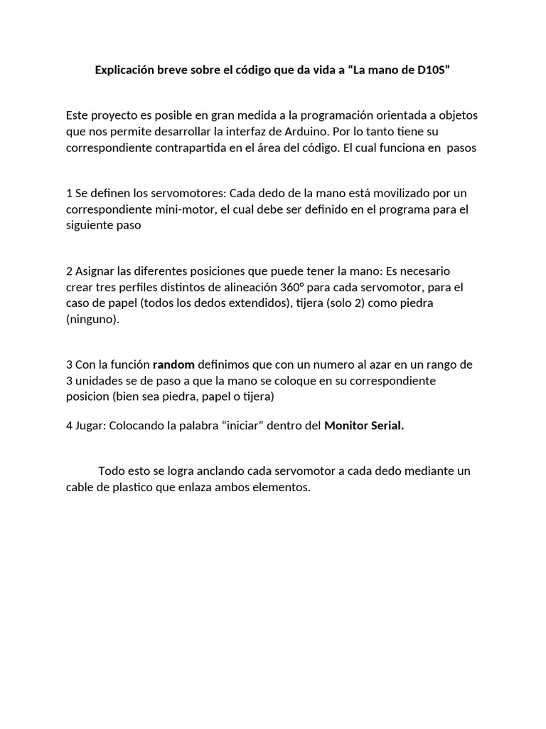 Explicación breve sobre el código que da vida a “La mano de | PDF