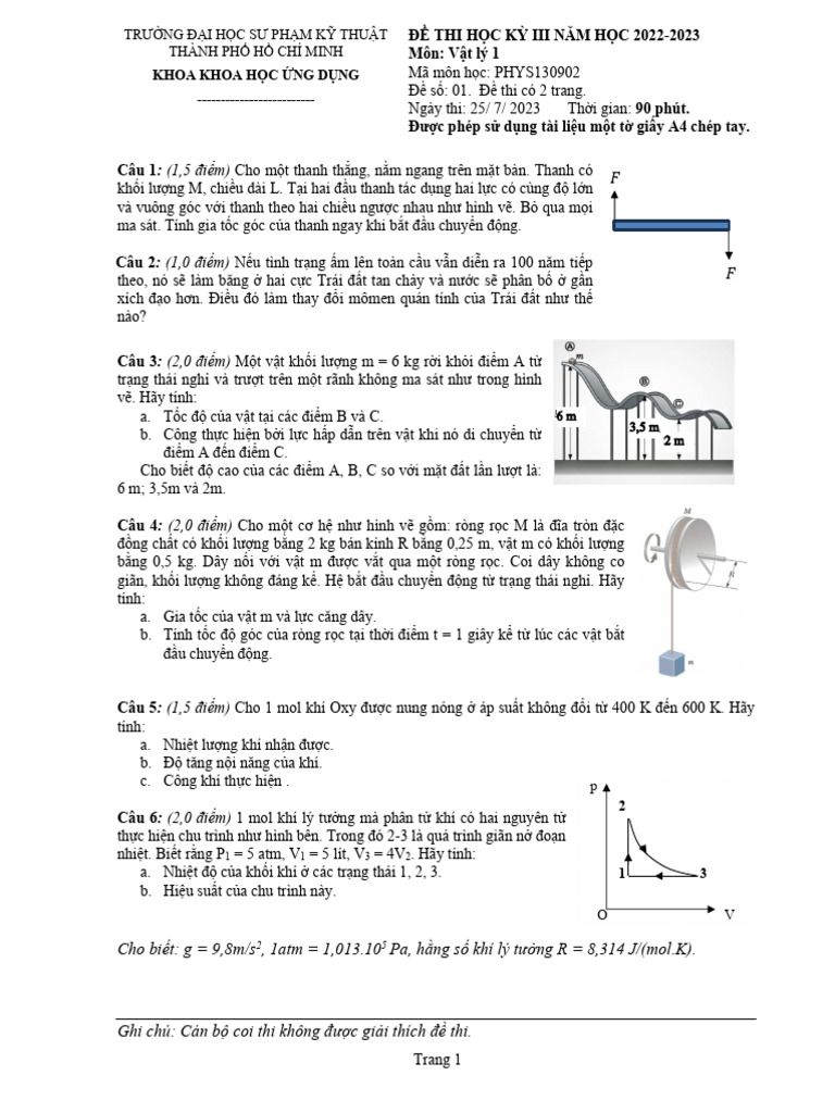 Vat-ly-1_PHYS130902_HKIII-2022-2023_Dai-tra de thi va dap an | PDF