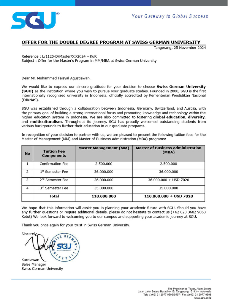 SGU DD Offer-Muhammed Faisyal Agustiawan | PDF | Master Of Business Administration | Educational ...