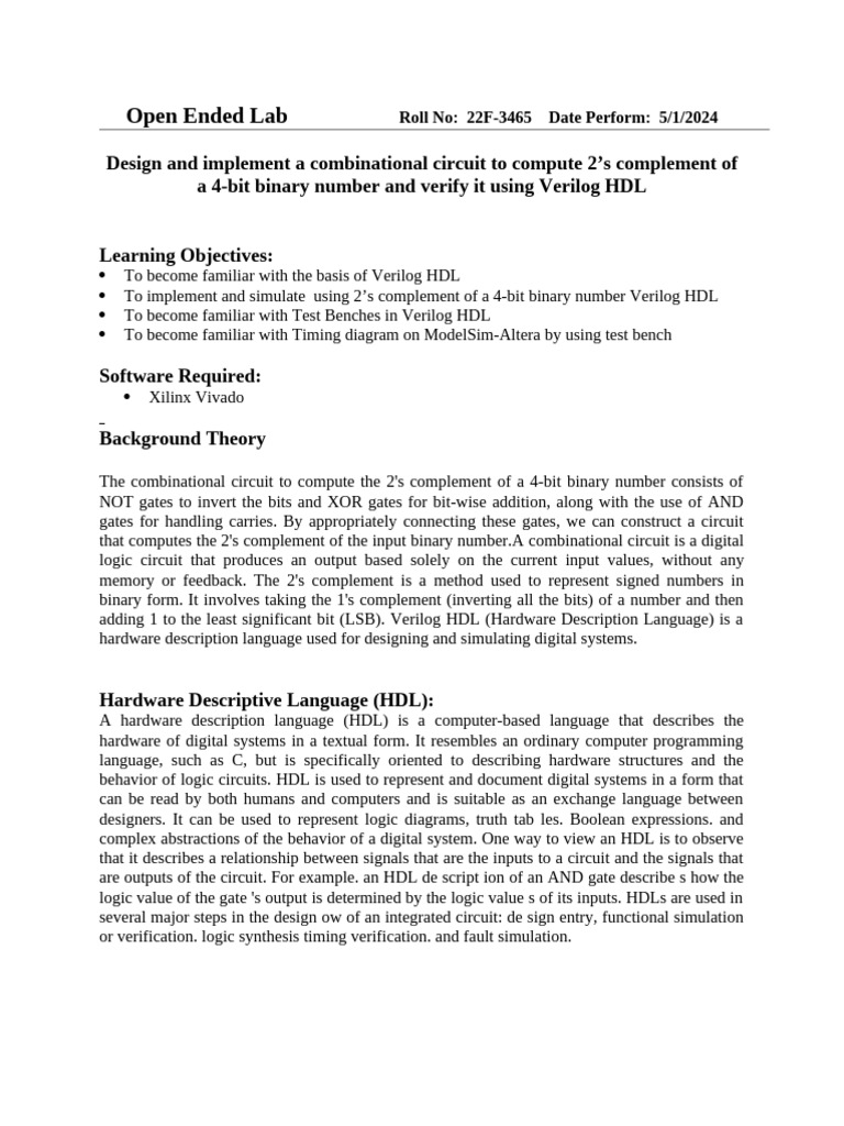 22F-3465 - Open Ended Lab | PDF | Hardware Description Language | Logic Gate