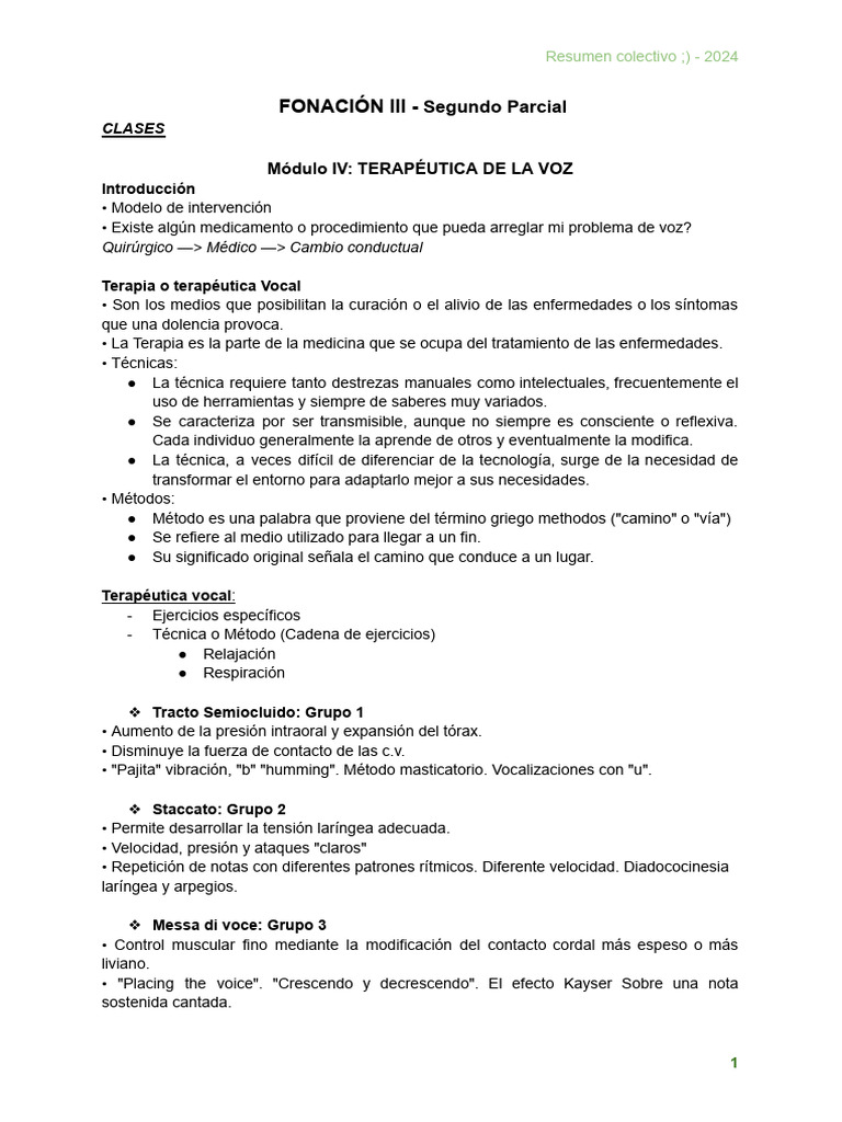 Resumen 2do Parcial - Clases Fonación | PDF | Laringe | Terapia