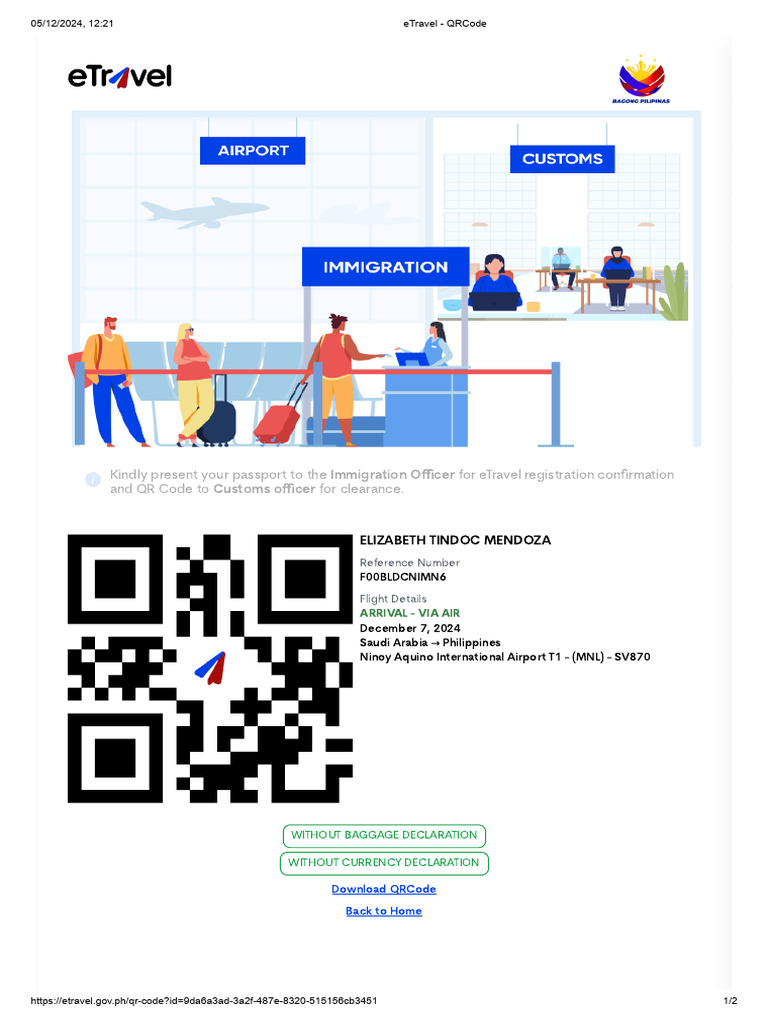 eTravel QR Code for Philippine Arrival | PDF