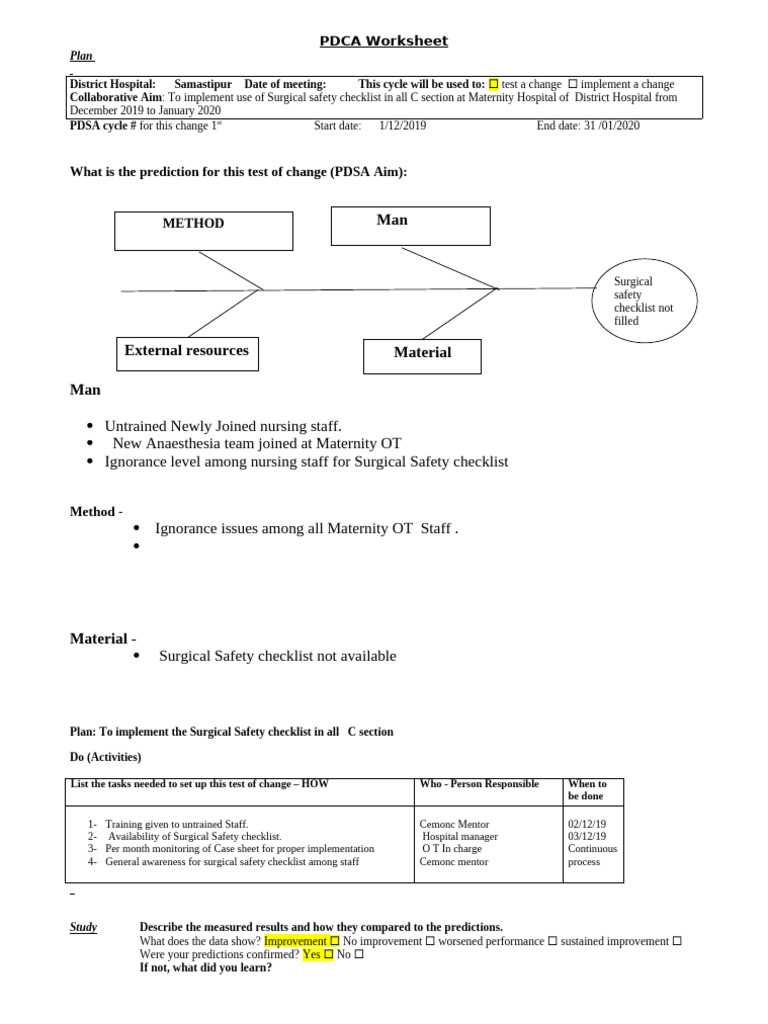 PDCA Cycle 1 surgical safety checklist | PDF | Surgery | Caesarean Section