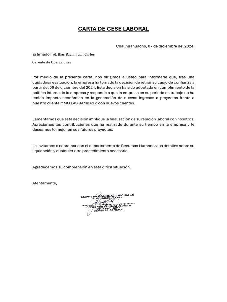 Carta de Cese Laboral | PDF