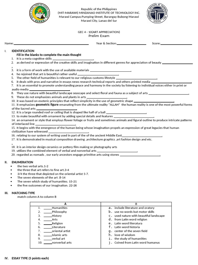 Art Appreciation Prelim Exam Guide | PDF | Humanities | The Arts