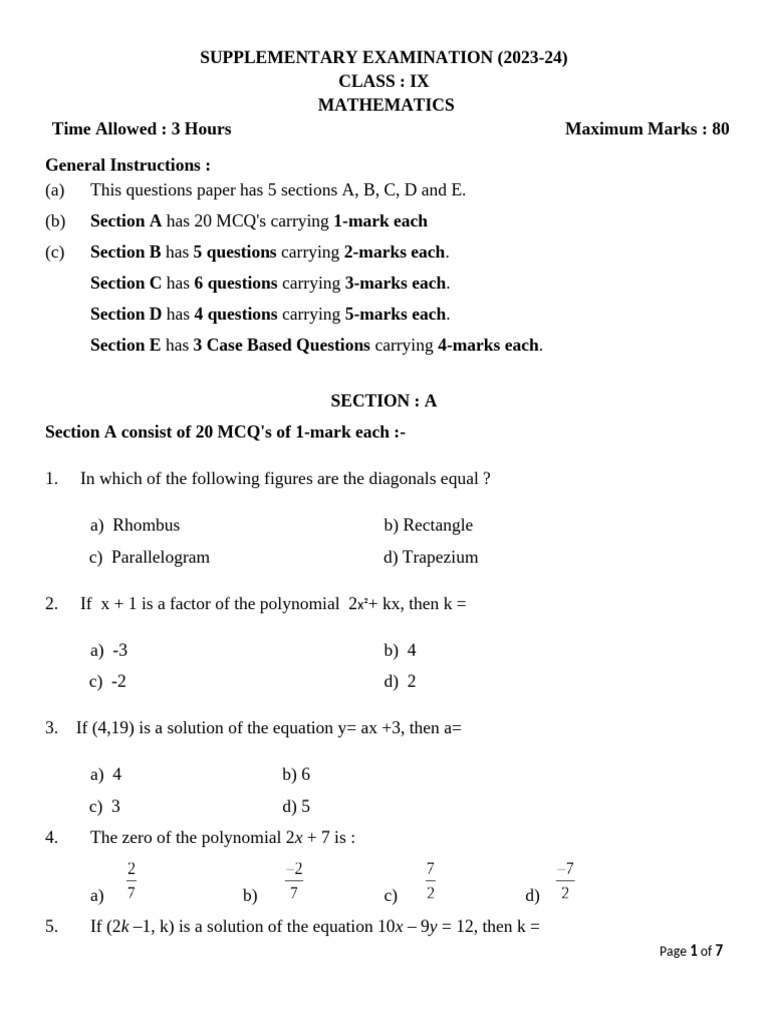 Class 9 Supplementary Mathematics Paper | PDF | Area | Circle