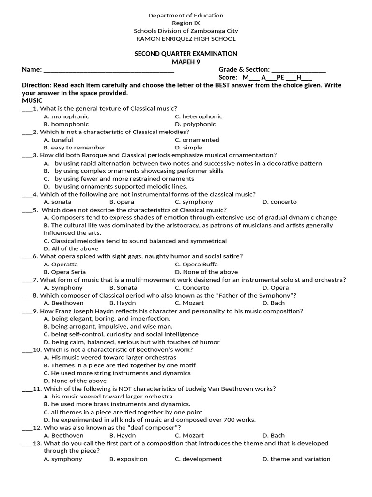 Mapeh 9 Second Quarter Exam | PDF | Classical Period (Music) | Substance Abuse