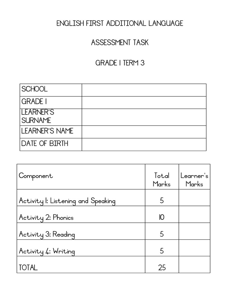 Assessment Task EFAL Grade 1 Term 3 | PDF