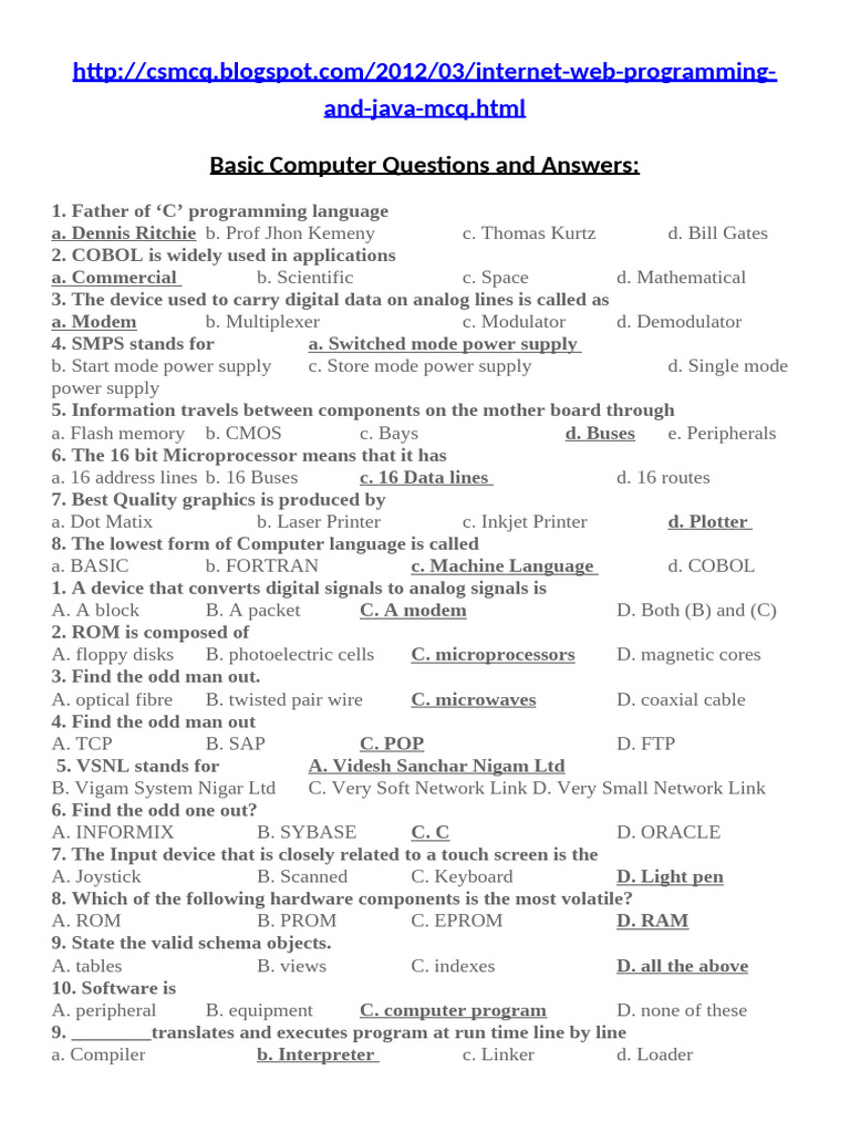 Basic Computer MCQs and Answers | PDF | World Wide Web | Internet & Web