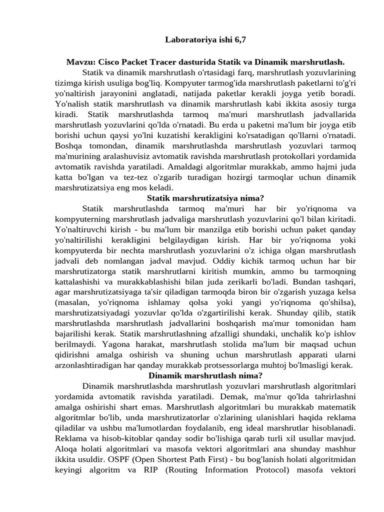 Laboratoriya Ishi 6,7 Mavzu - Cisco Packet Tracer Dasturida Stati | PDF