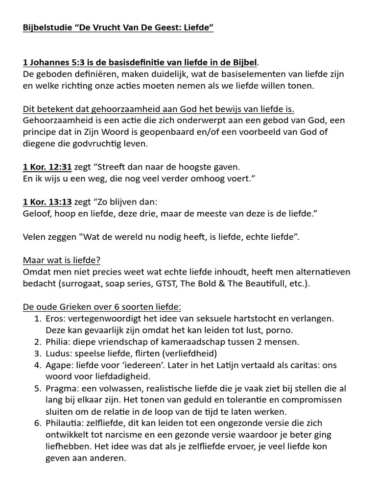 Deel 1a Bijbelstudie "De Vrucht Van de Geest - Liefde" | PDF