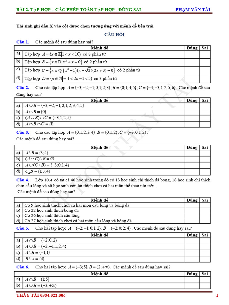Bài 2. Tap Hop - Cac Phep Toan Tap Hop - Dungsai | PDF