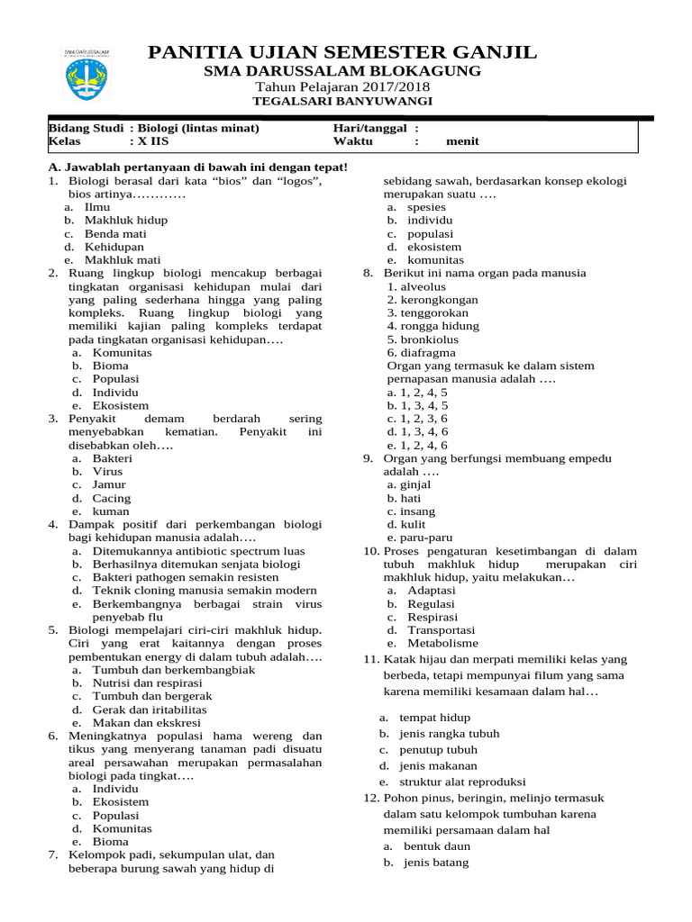 Soal UAS Bio X Ganjil Lintas Minat 17-18 | PDF