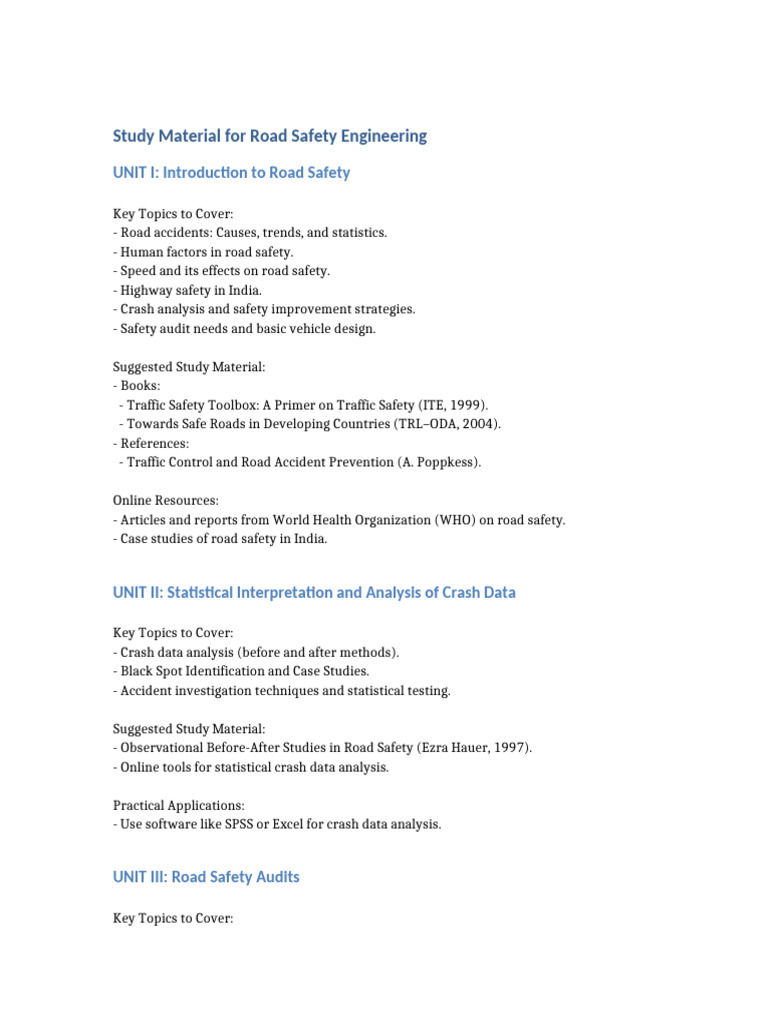 Road Safety Engineering Study Material | PDF