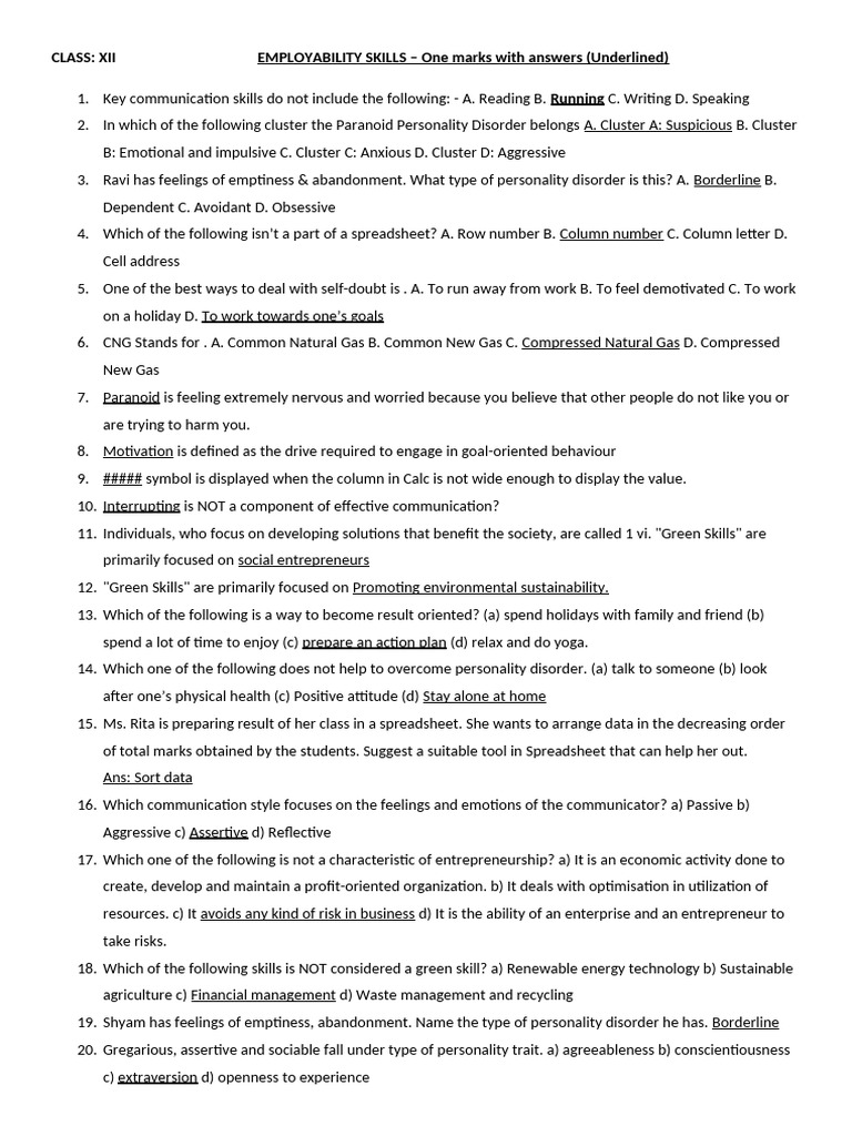 Class 12 Skills MCQs One Marks 24-25 | PDF | Personality Disorder | Motivation