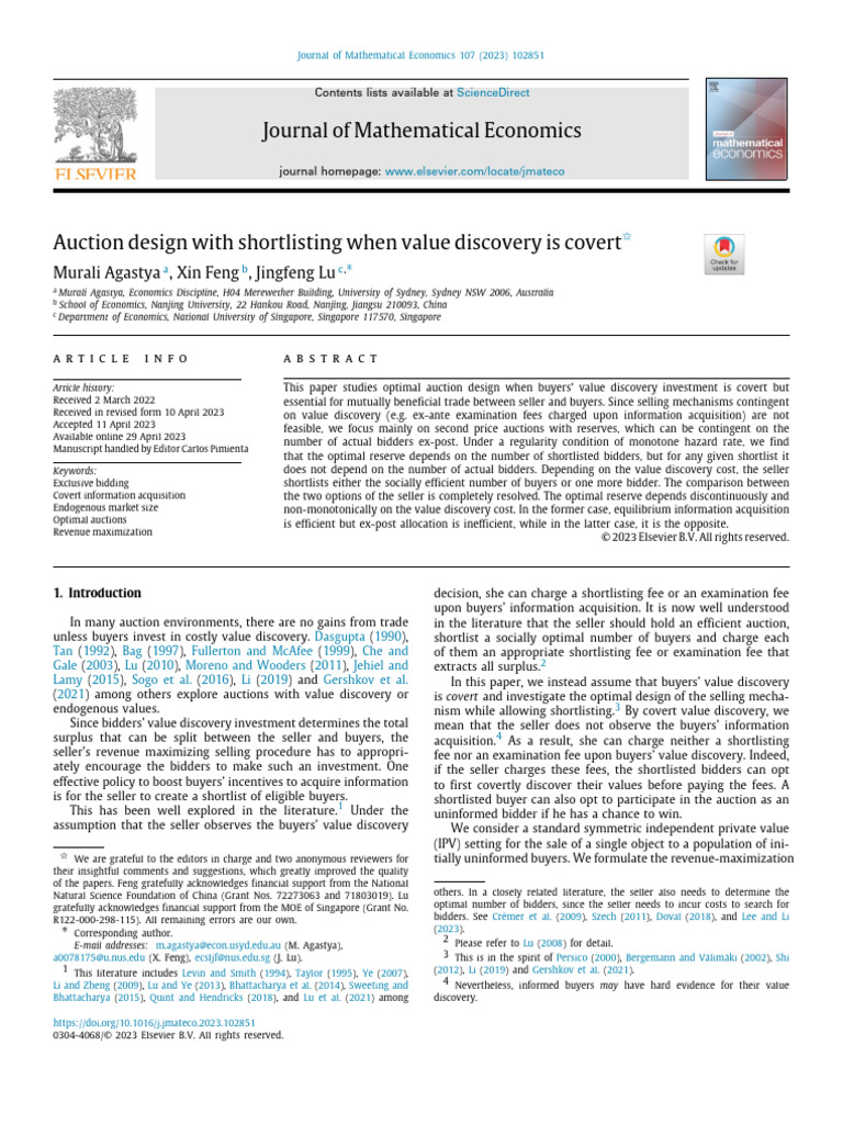 Auction Design With Shortlisting When Value Discovery Is Covert | PDF ...
