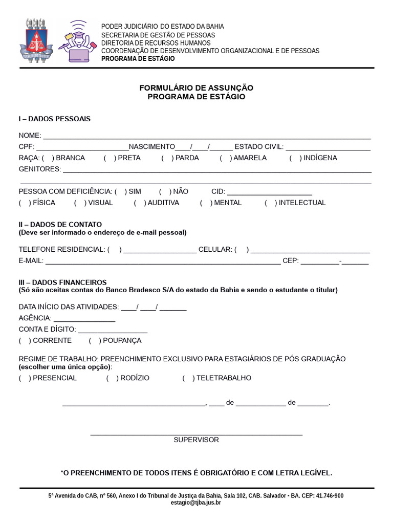 Formulário de Assunção - Estágio | PDF