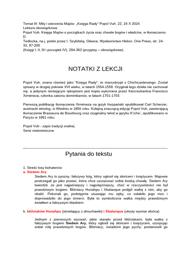 Temat III - Mity I Wierzenia Majów | PDF