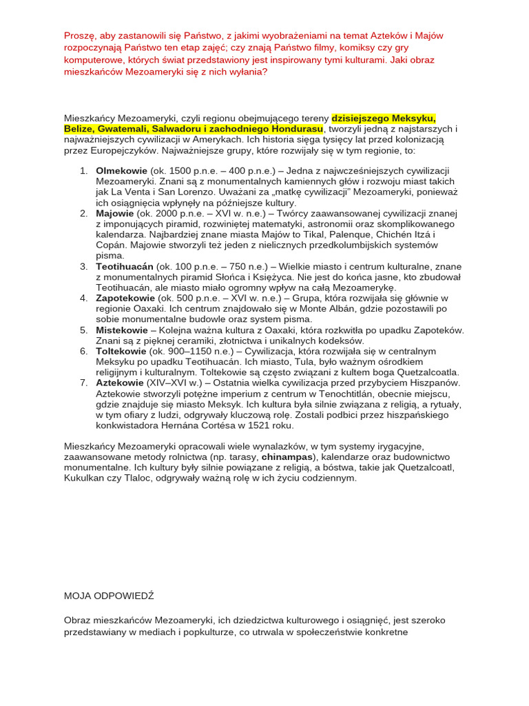 Obraz Mieszkańców Mezoameryki | PDF