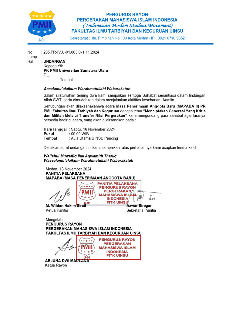 Undangan PK PMII USU | PDF