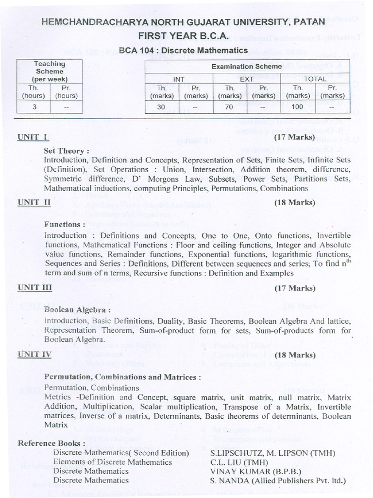 BCA Discrete Mathematics Syllabus | PDF | Matrix (Mathematics) | Set (Mathematics)