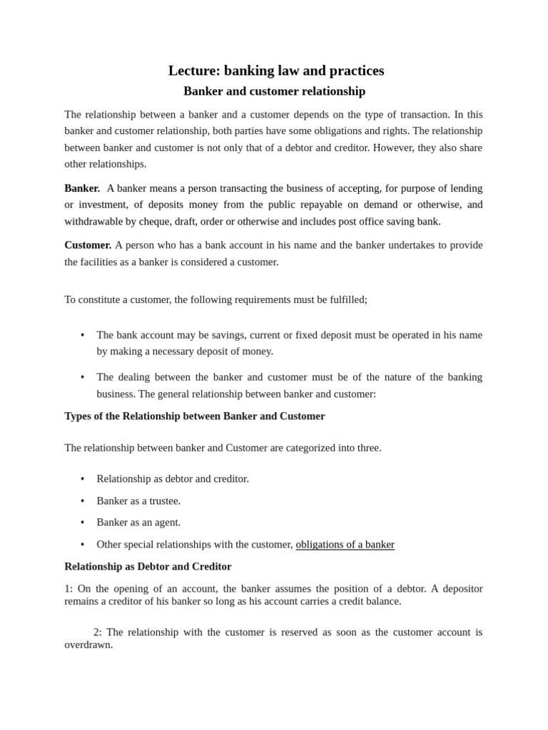 Banker-Customer Relationship Explained | PDF | Banks | Deposit Account