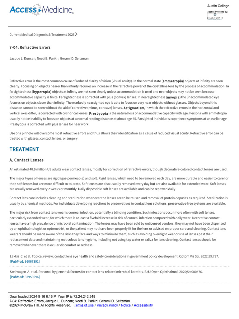 7 04 Refractive Errors Pdf Contact Lens Myopia