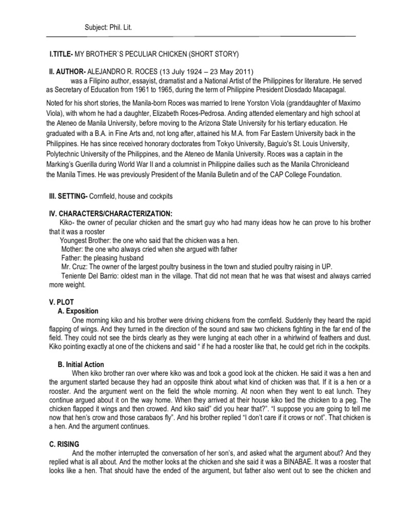 My Brother's Peculiar Chicken Summary | PDF