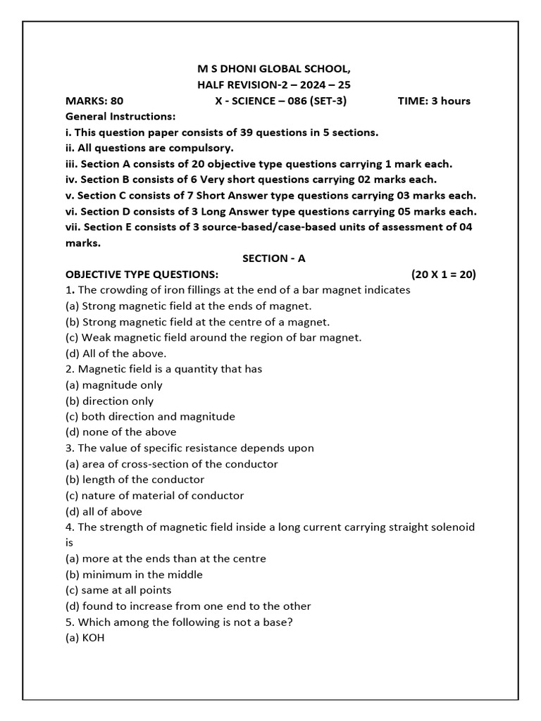 Science Revision Paper for Class X 2024-25 | PDF | Carbon | Acid