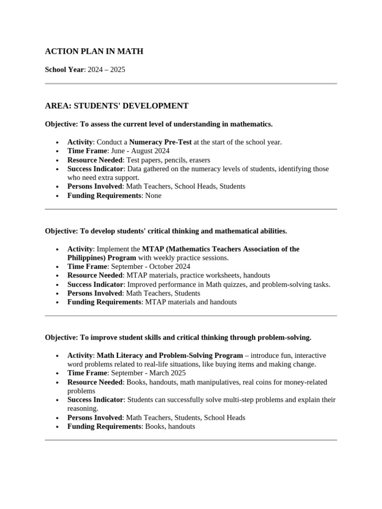 ACTION PLAN IN MATH | PDF | Teachers | Mathematics