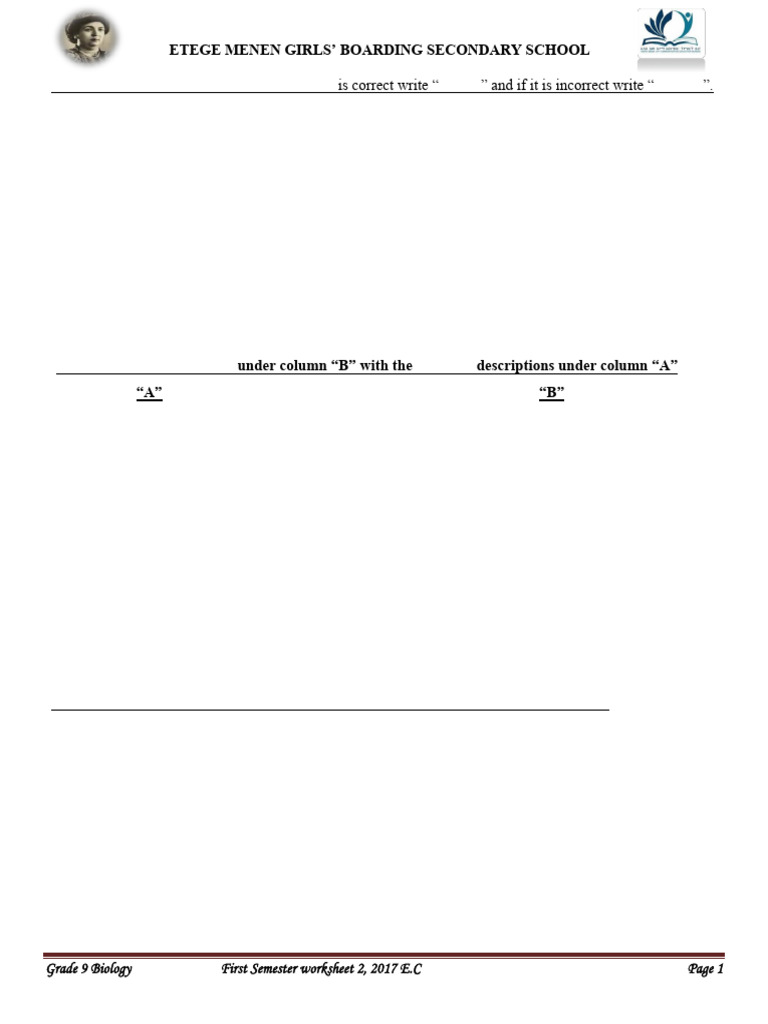 G-9 Bio. Unit-2 Work Sheet | PDF | Cell (Biology) | Organisms