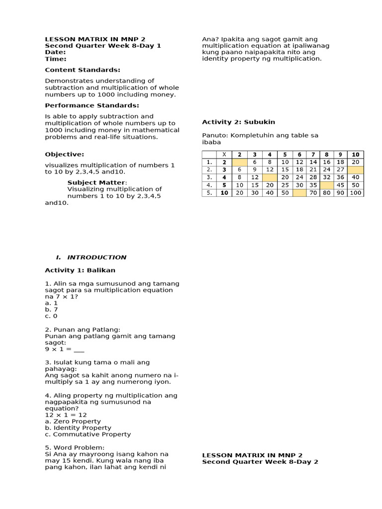 Visualizing multiplication of numbers 1 to 10 by 2,3,4,5 and10. week 8 ...