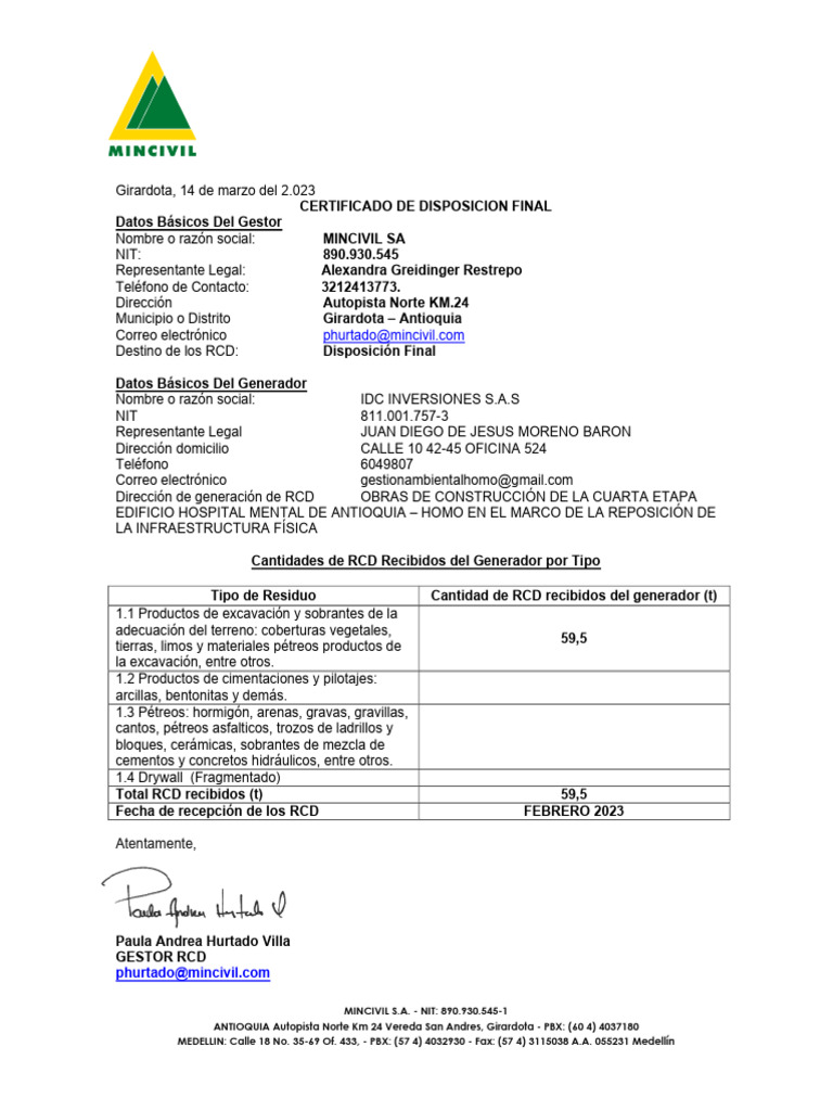 Certificación de MINCIVIL Por Recepción RCD 2023 Febrero | PDF