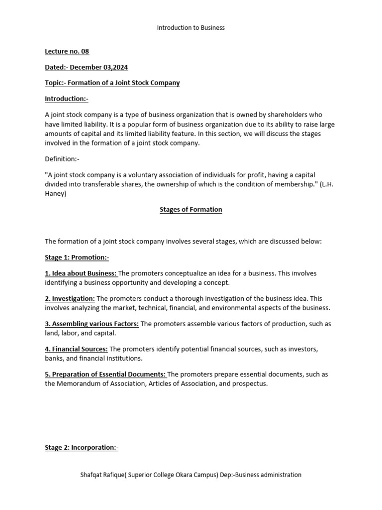 Lecture No. 08 Formation of JSC | PDF | Stocks | Share (Finance)
