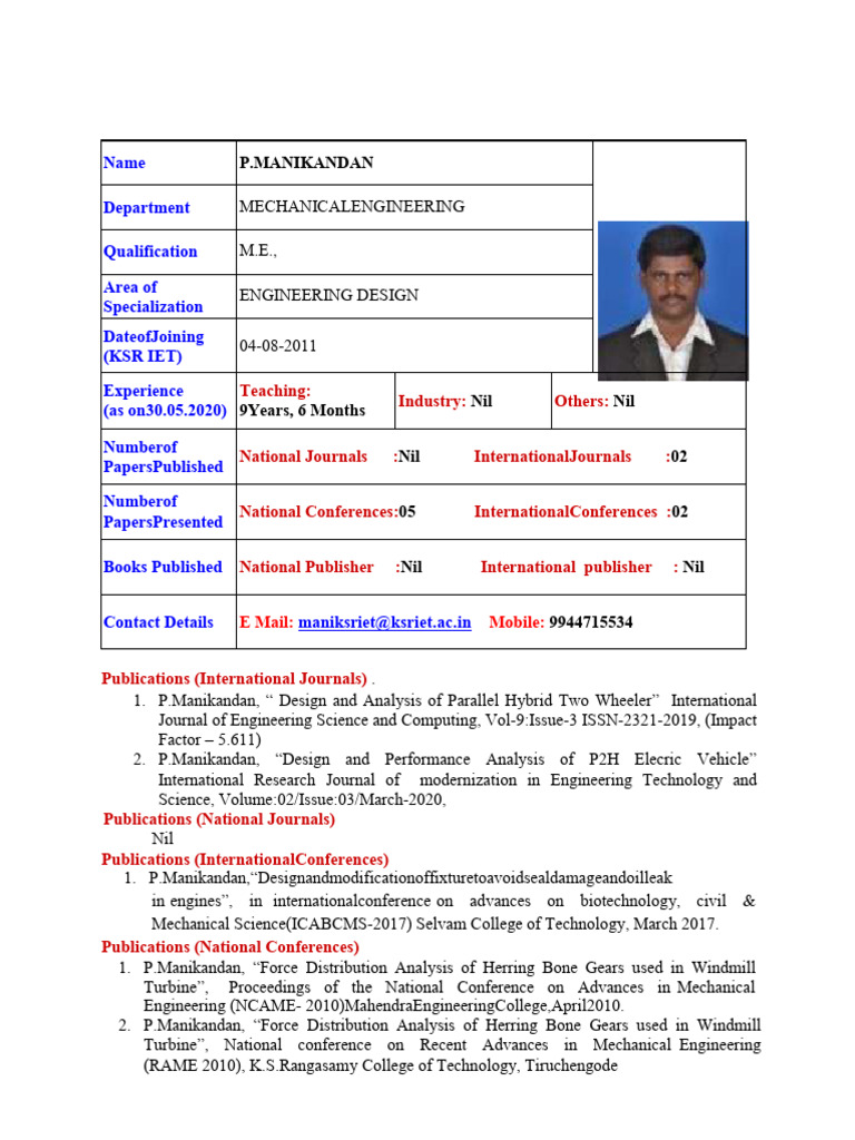 Manikandan p | PDF | Engineering | Physical Sciences
