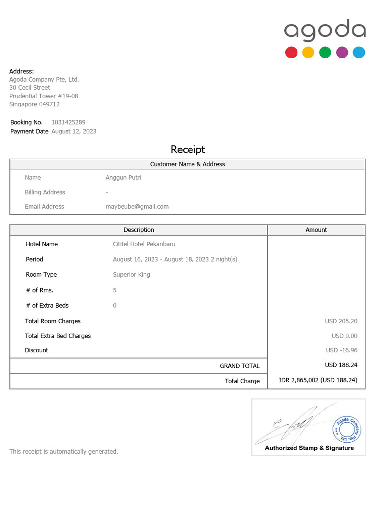 Agoda Booking ID 1031425289 - RECEIPT Enclosed | PDF