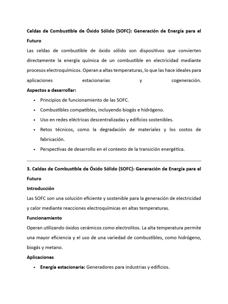 Celdas de Combustible de Óxido Sólido (SOFC) Generación de Energía para El Futuro | PDF